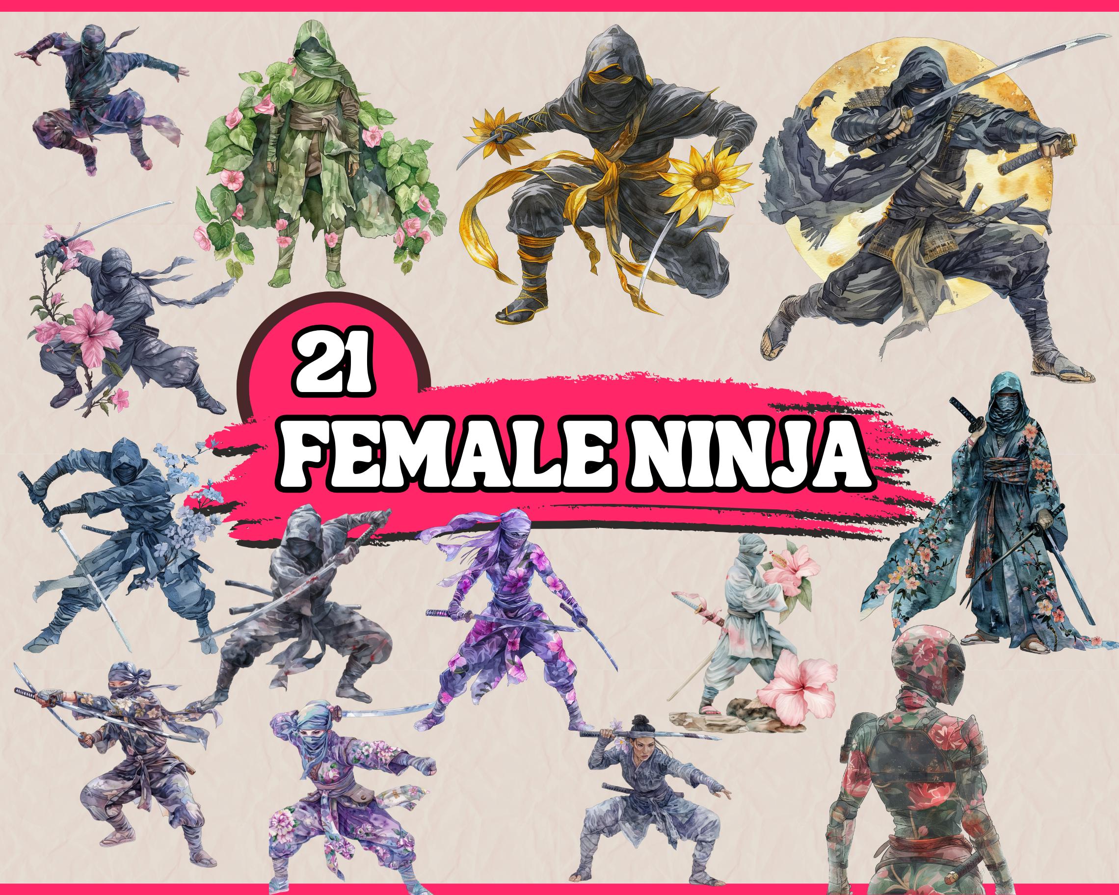 21 PNG Female Ninja Clipart Bundle, Ninja Assassin With Flowers and ...