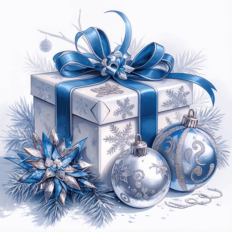 16 Blue Christmas Clipart Bundle, Cool Tone Holiday Decor Illustration ...