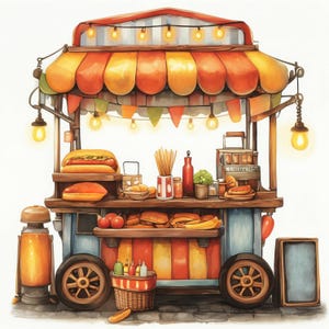 Adorable Hot Dog Cart Clip Art 13 High Res Watercolor Jpgs for Junk ...