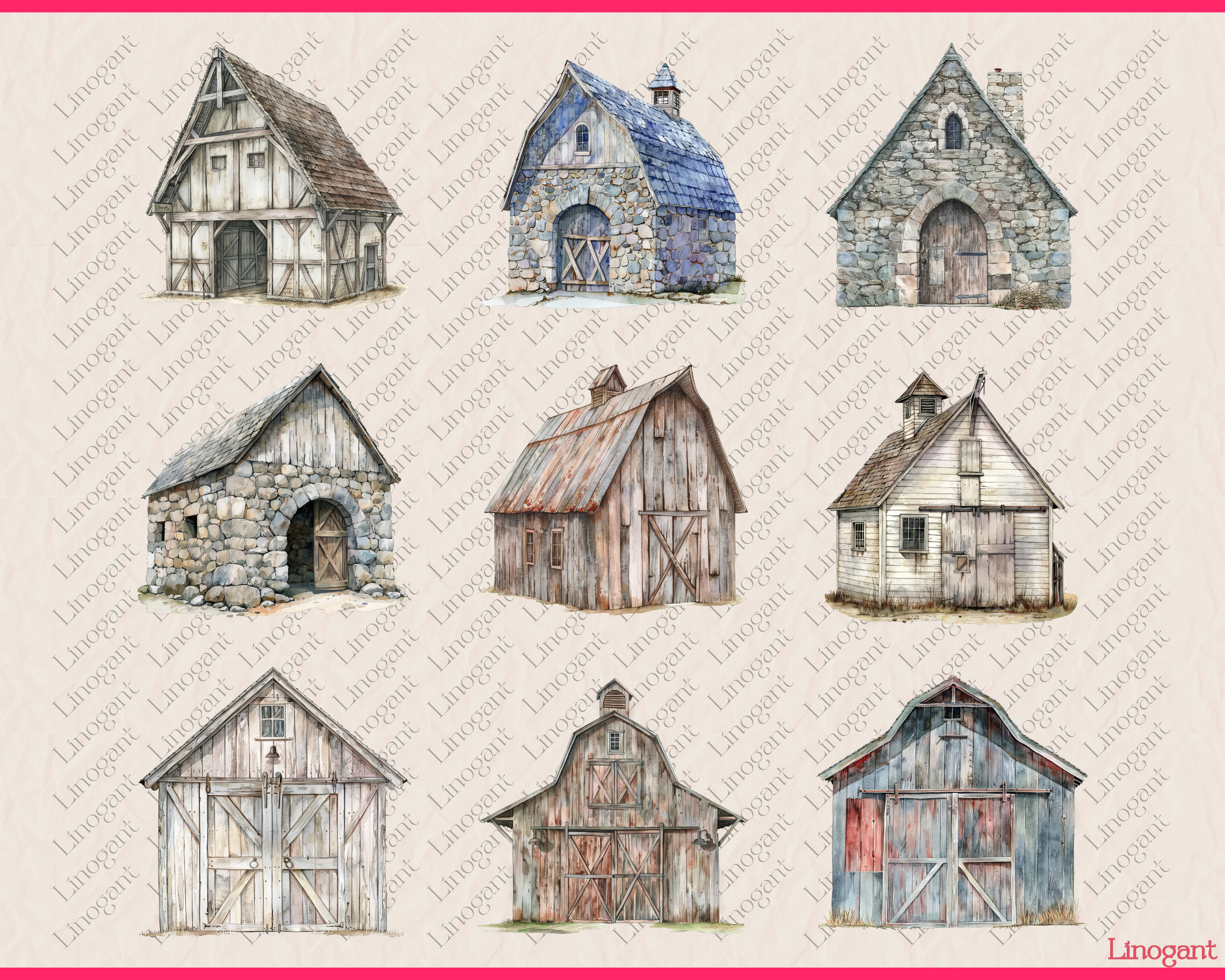Watercolor Victorian Barn Clipart Bundle, Medieval Farm Clip Art Set ...