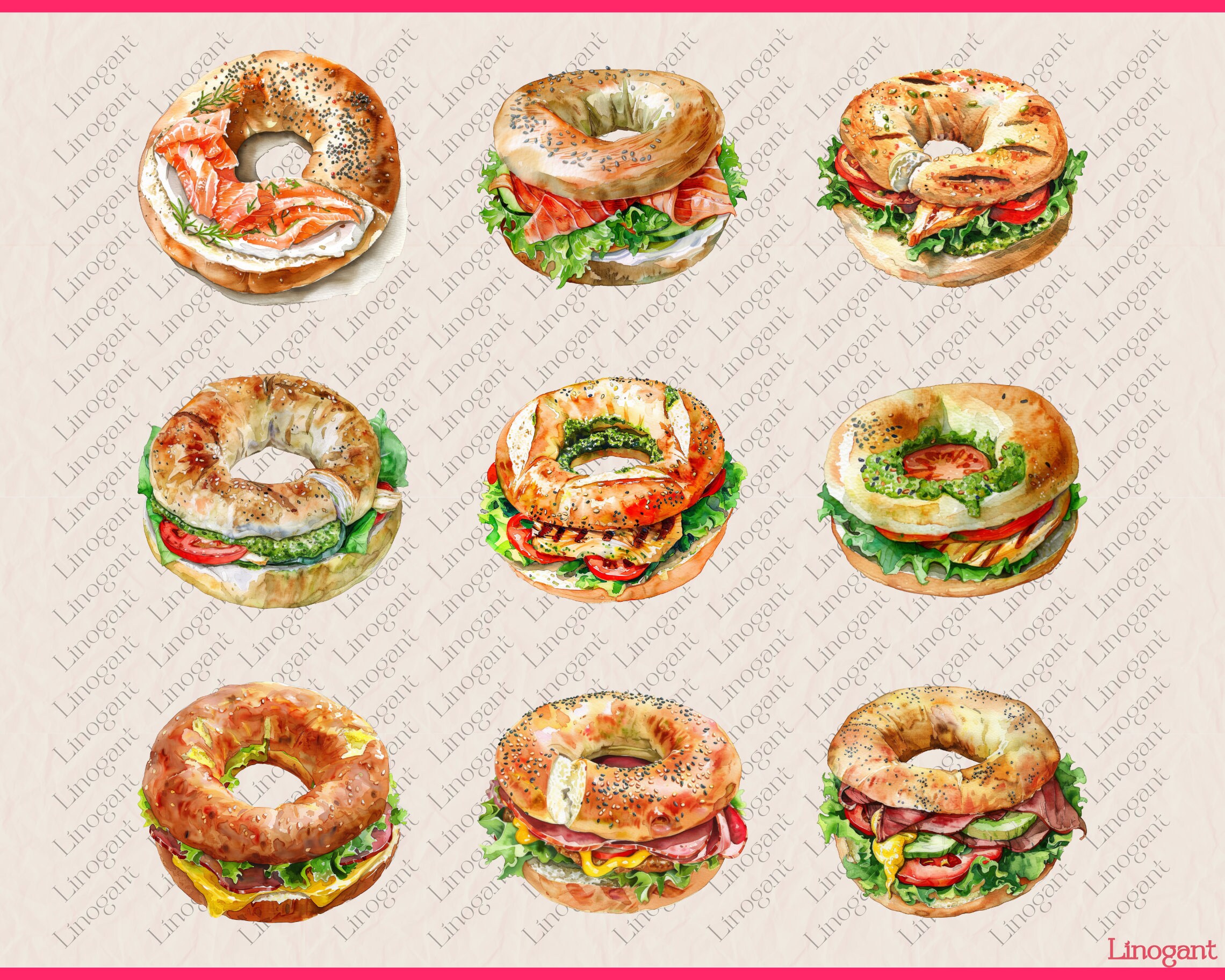 Watercolor Bagel Sandwich Clipart Bundle, Breakfast Food Clip Art Set ...