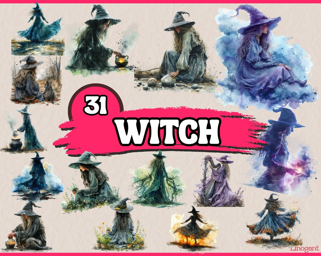 Watercolor Witch Clipart Bundle, Halloween Witch Clip Art Set, Fantasy ...