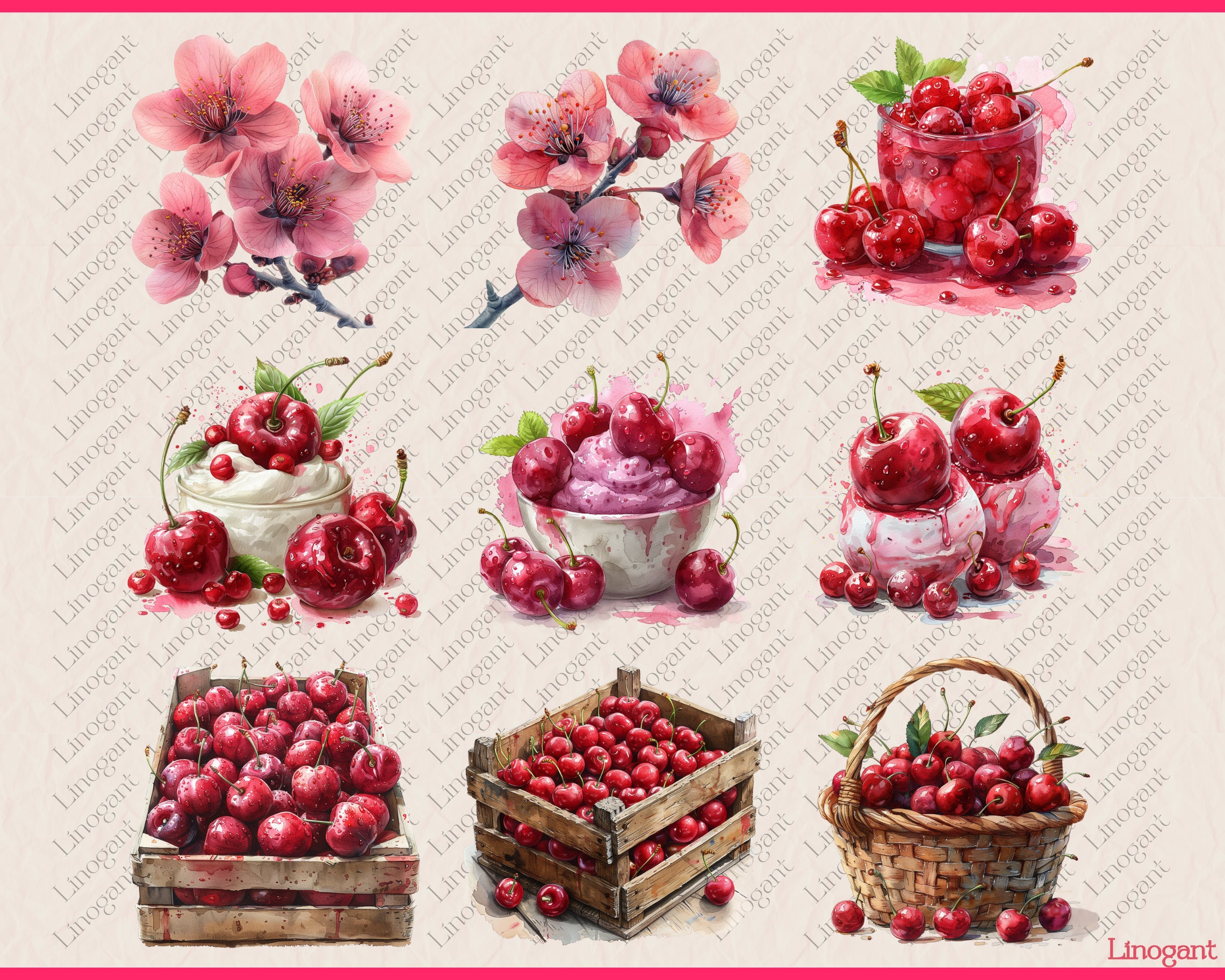 Watercolor Cherry Clipart Bundle, Fruits Clip Art Set, Cherry Cheese ...