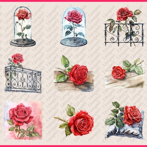 Watercolor Red Rose Objects Clipart Bundle, Floral Clip Art Set, Flower ...