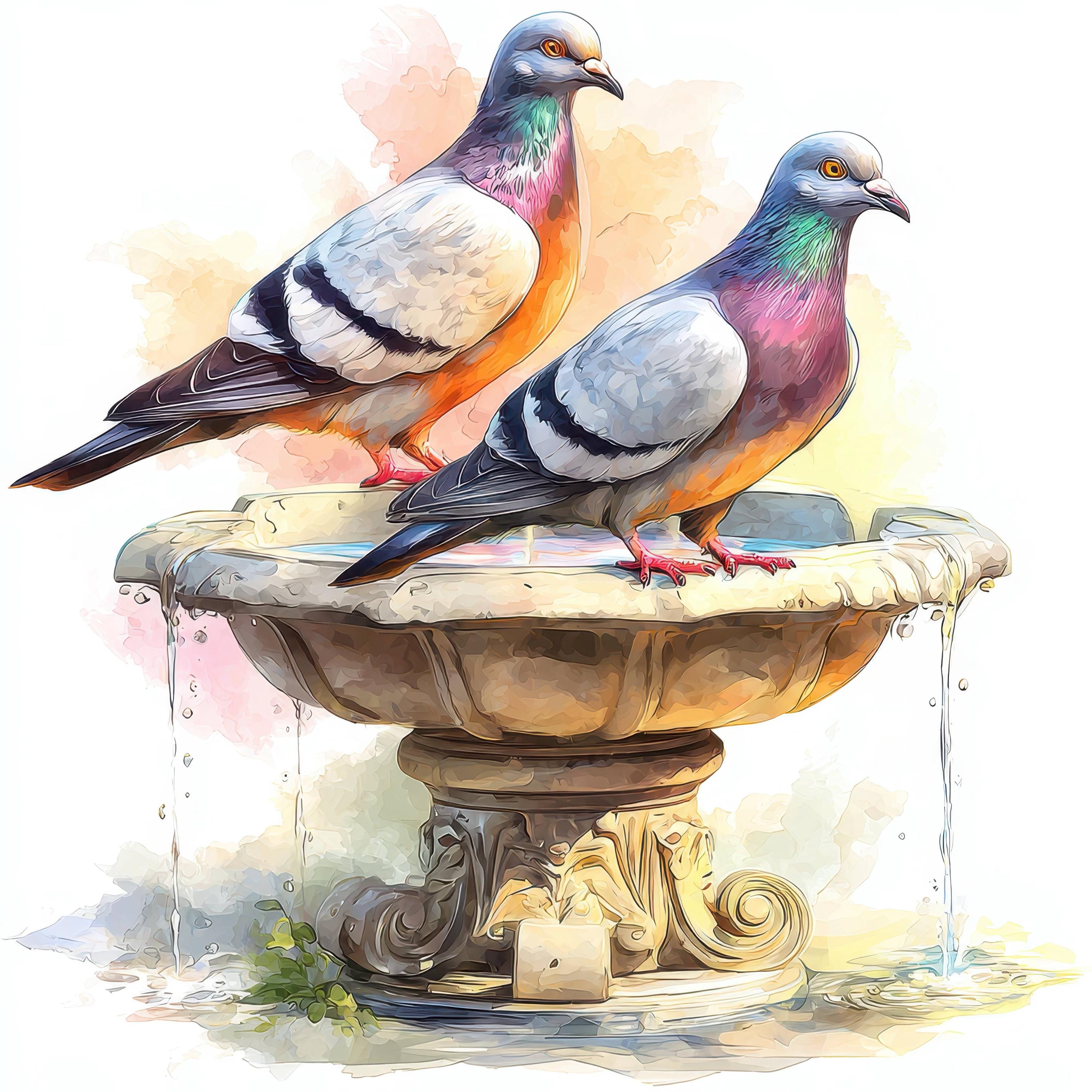 12 Pigeons Bathing in Fountain Clipart Bundle, Whimsical Bird ...