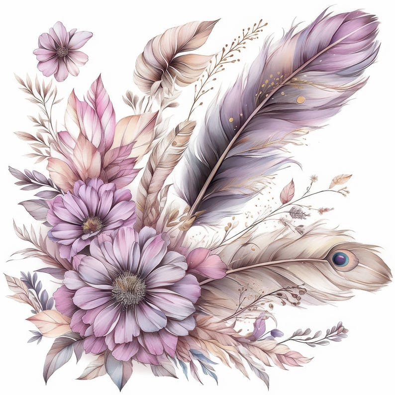 16 Floral Feather Clipart Bundle, Boho Elegance Illustration, Printable ...