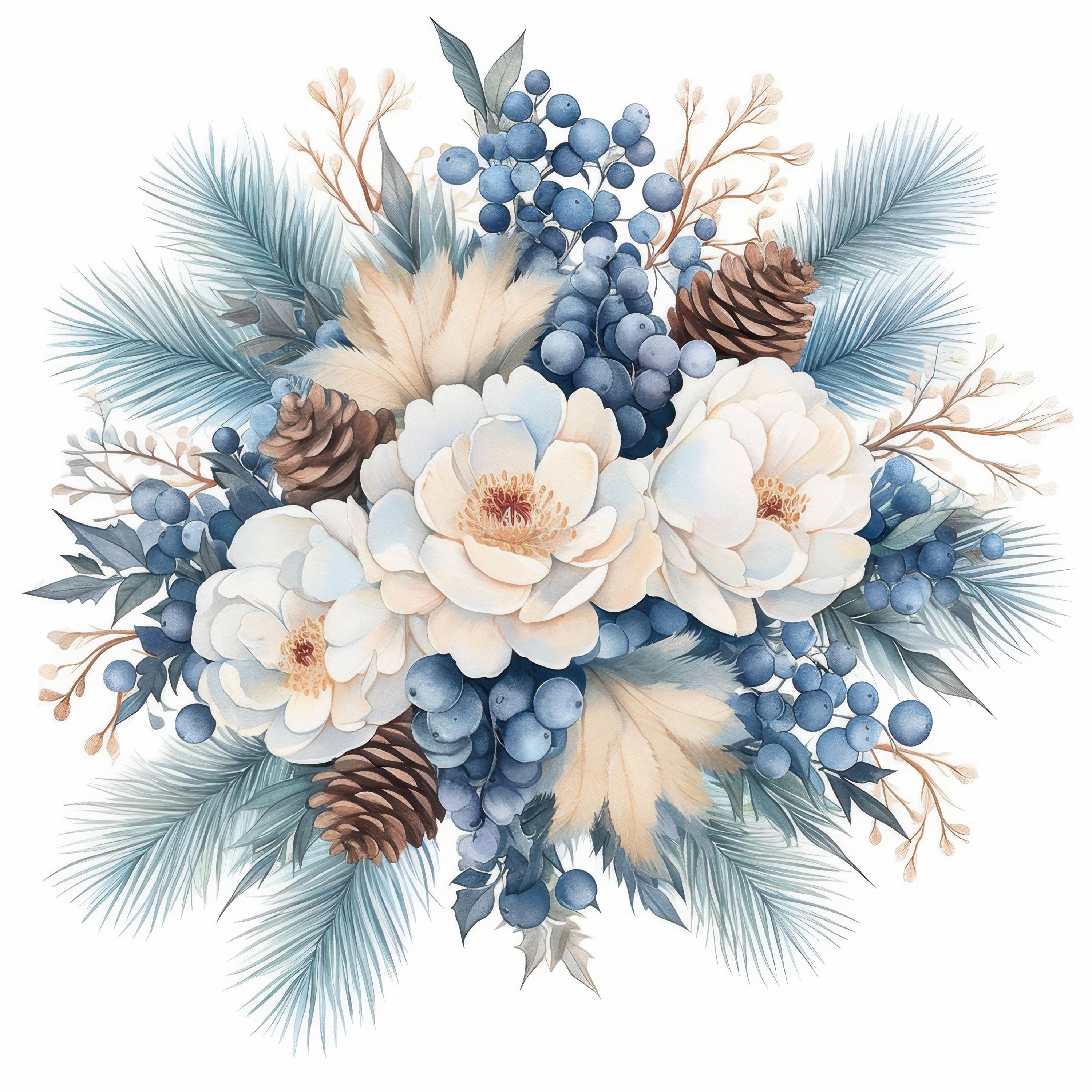 12 Icy Season Floral Arrangement Watercolor Clipart, Elegant Bouquet ...