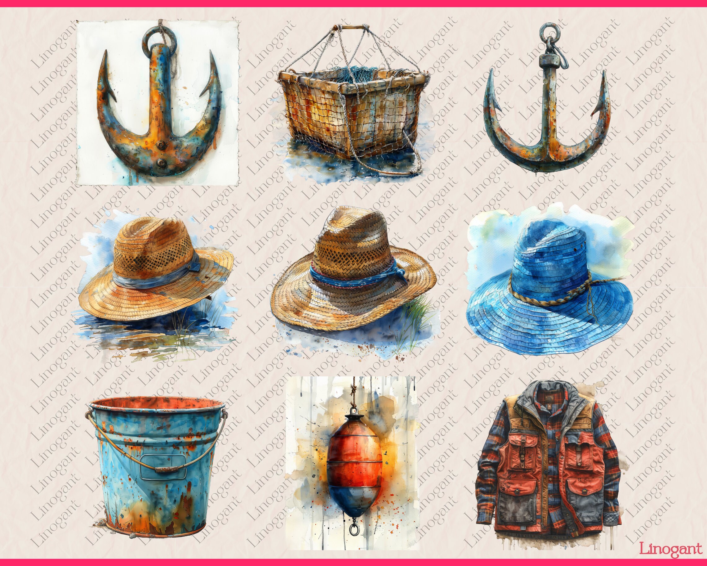 Watercolor Fishing Clipart Bundle, Fisherman Gear Clip Art Set, Lure ...