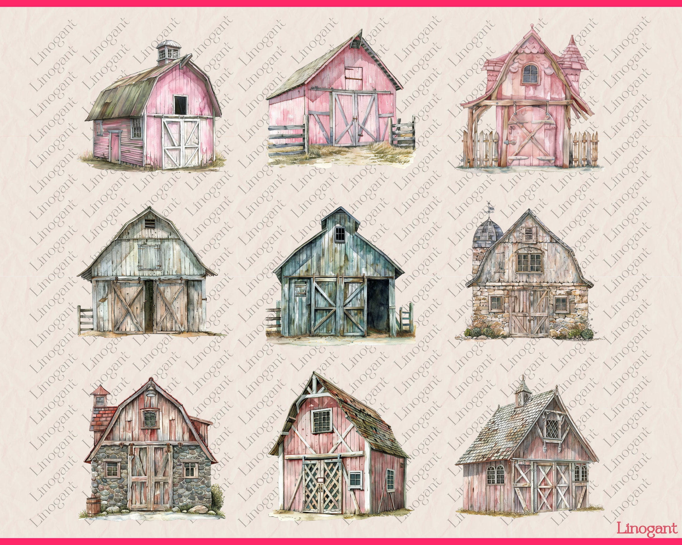 Watercolor Victorian Barn Clipart Bundle, Medieval Farm Clip Art Set ...