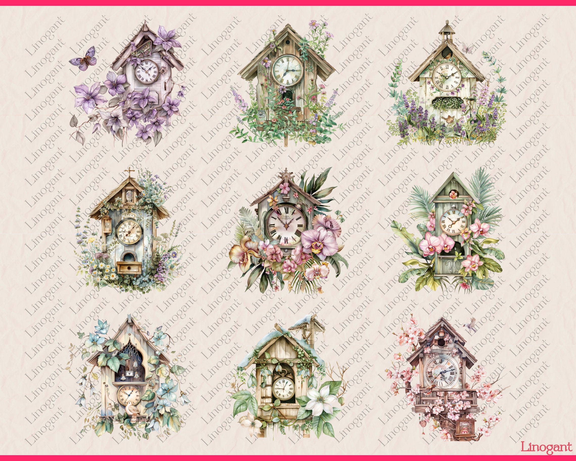 Watercolor Floral Cuckoo Clock Clipart Bundle, Flower Clocks Clip Art ...