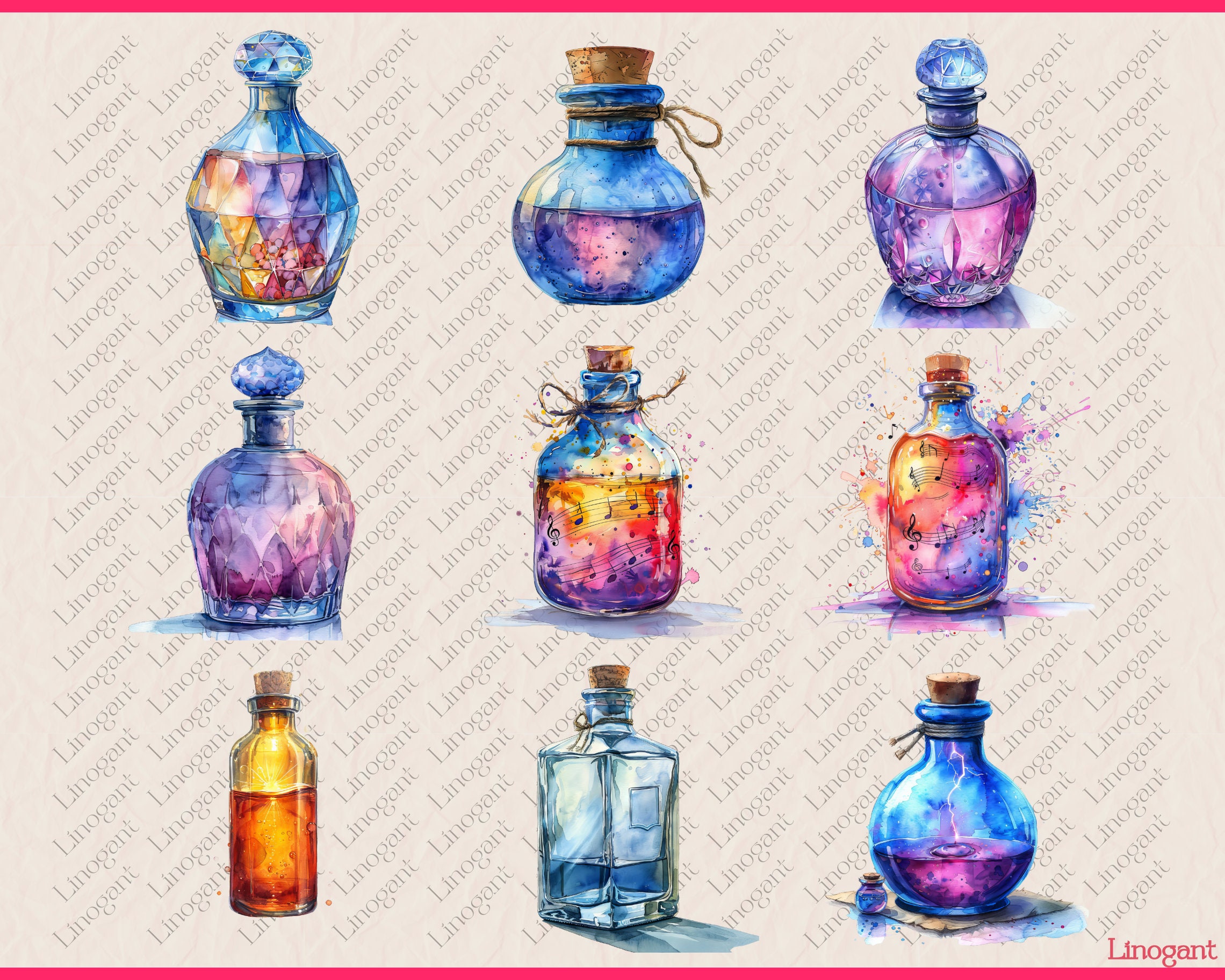 Watercolor Magical Potions Clipart Bundle, Flasks Clip Art Set, Fantasy ...