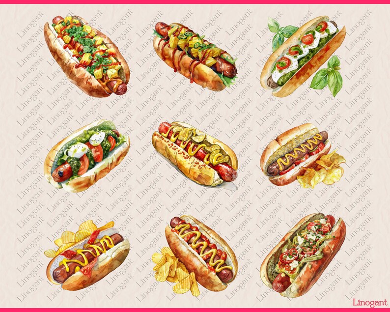 Watercolor Hot Dog Clipart Bundle, Fast Food Clip Art Set, Bakery ...