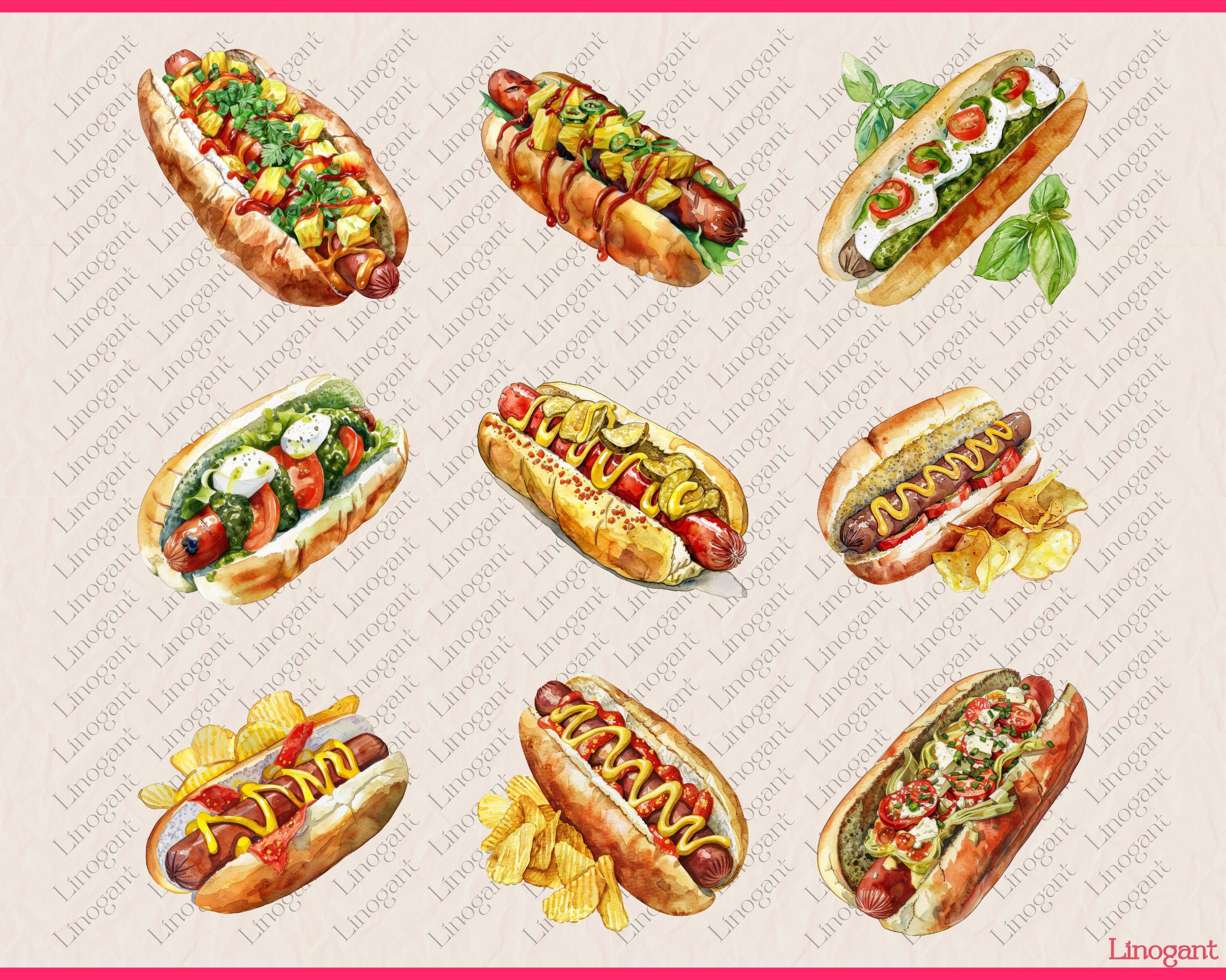 Watercolor Hot Dog Clipart Bundle, Fast Food Clip Art Set, Bakery ...