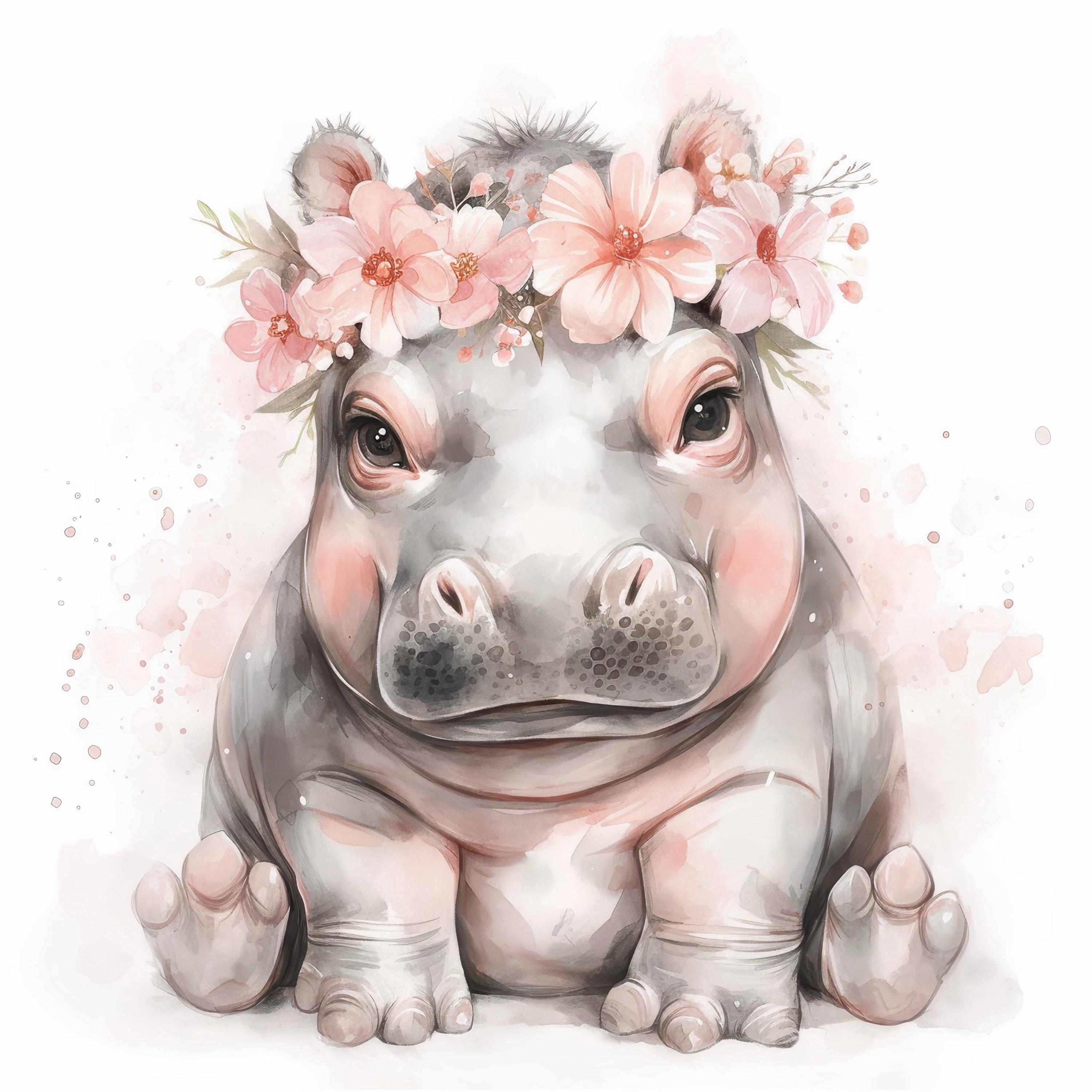 12 Floral Hippo Clipart Bundle, Watercolor Hippo With Flowers ...