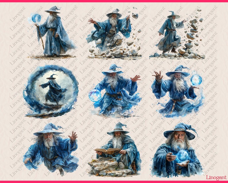Watercolor Wizard Clipart Bundle, Elemental Magicians Clip Art Set ...