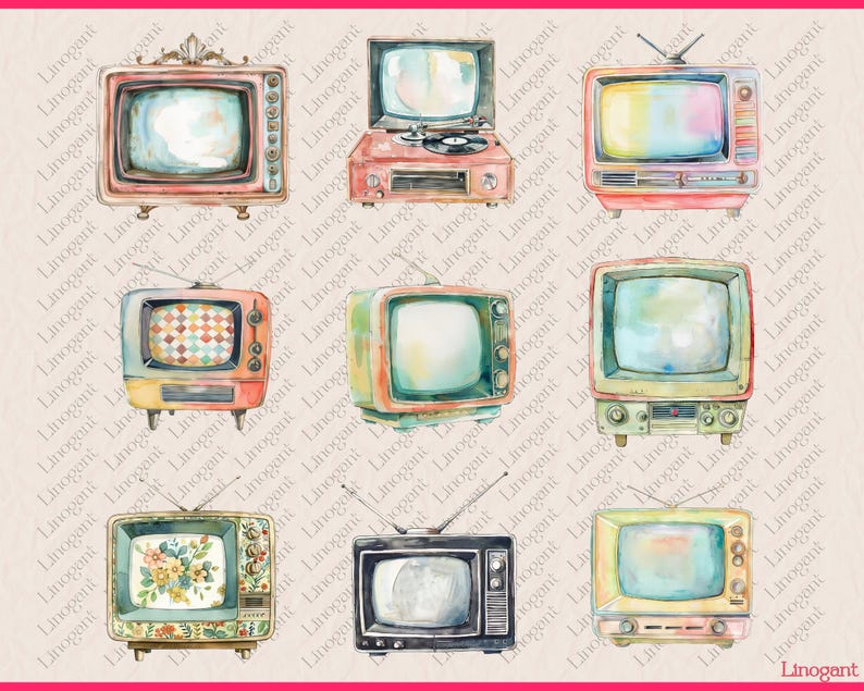 Watercolor Retro Television Clipart, Old Vintage TV, Antique Technology ...