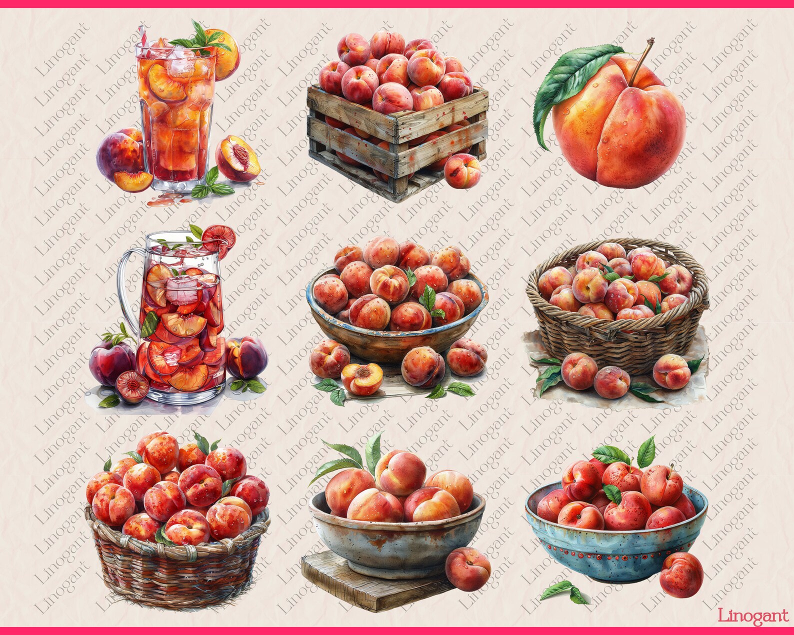 Watercolor Peach Clipart Bundle, Fruits Clip Art Set, Peach Cheese Cake ...