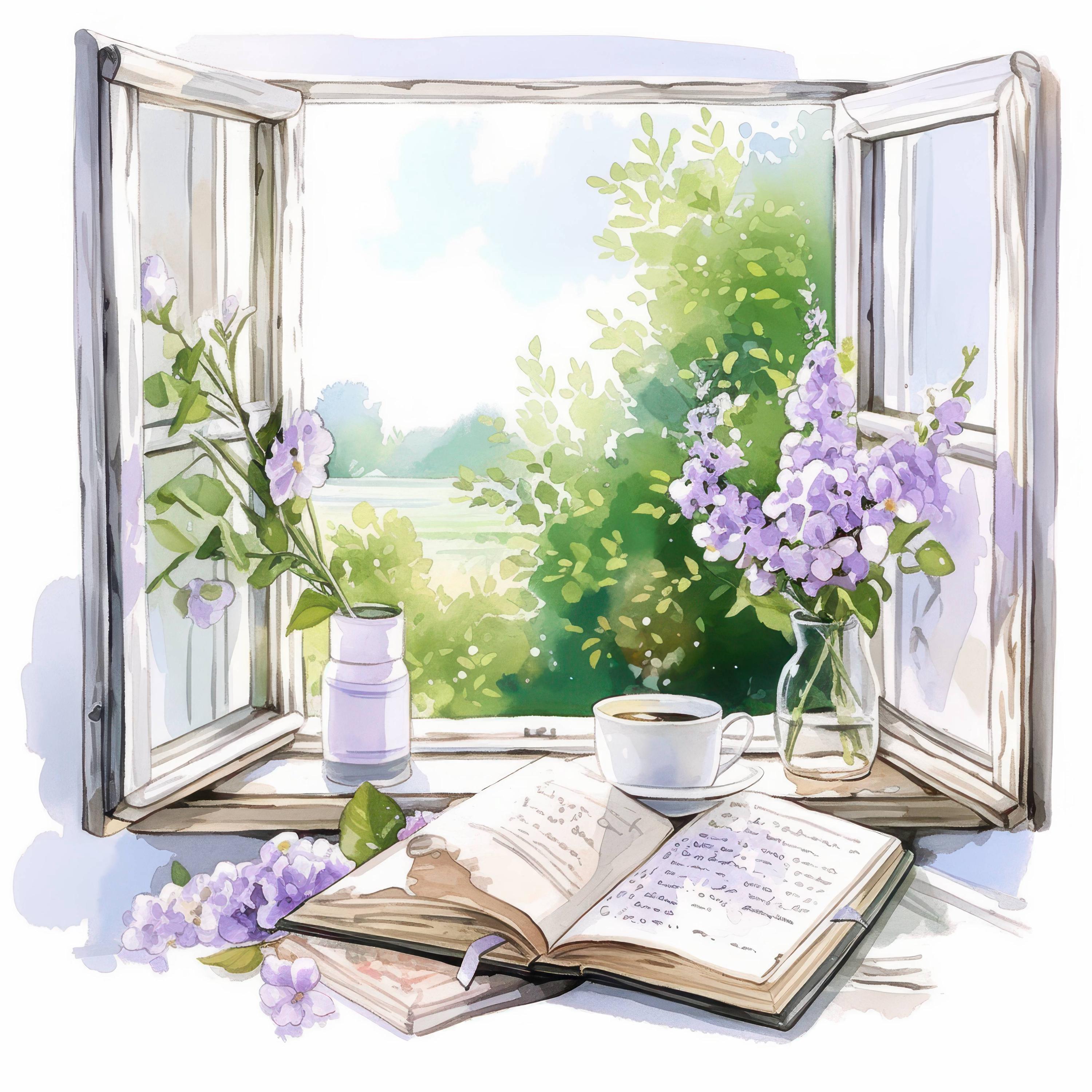 16 Spring Window Clipart Bundle, Watercolor Nature View Illustration ...