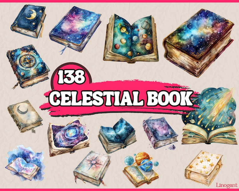 Watercolor Celestial Book Clipart Bundle, Grimoires Clip Art Set, Fantasy PNG Graphics, Galactic ...