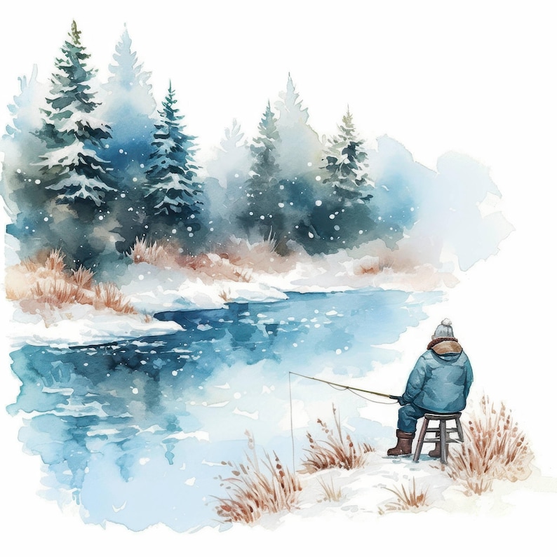 10 Ice Fishing Clipart Bundle, Winter Fisherman Illustration, Printable ...