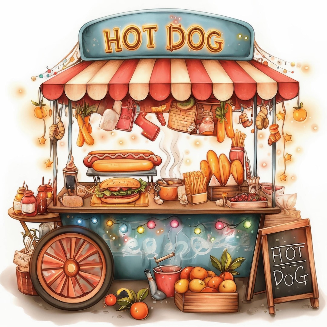 Adorable Hot Dog Cart Clip Art 13 High Res Watercolor Jpgs for Junk ...