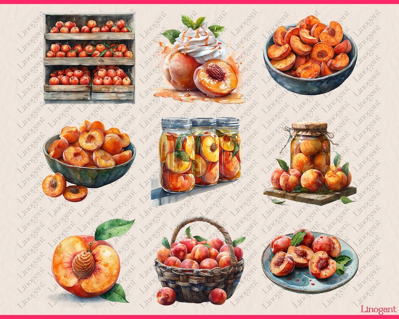 Watercolor Peach Clipart Bundle, Fruits Clip Art Set, Peach Cheese Cake ...