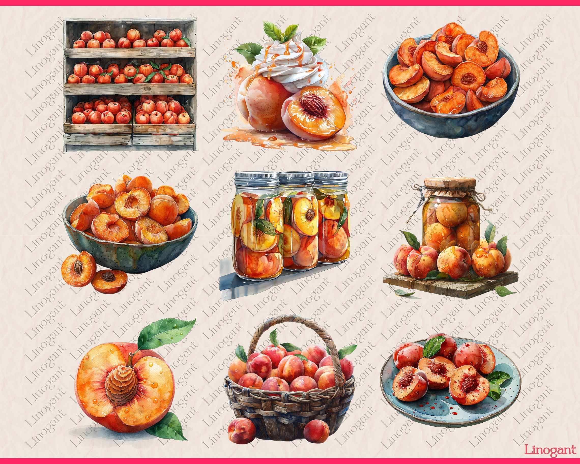 Watercolor Peach Clipart Bundle, Fruits Clip Art Set, Peach Cheese Cake ...