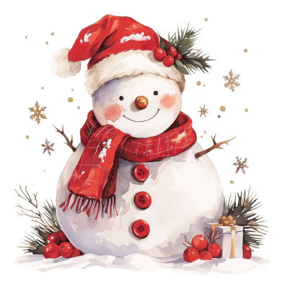 10 Joyful Snowman Watercolor Clipart, Christmas Holiday Illustration ...
