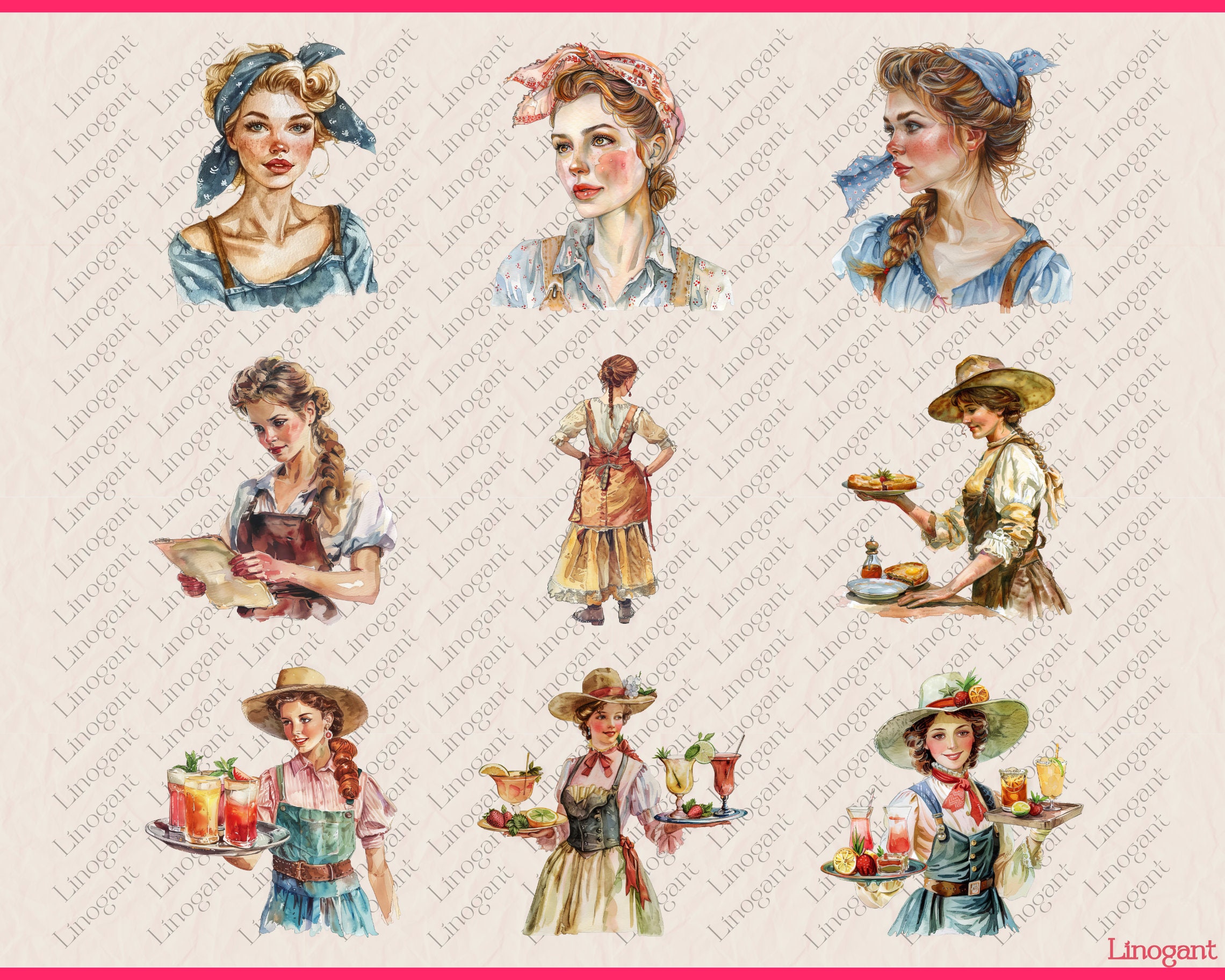 Watercolor Western Barmaid and Bartender Clipart Bundle, Cowboy Cowgirl ...