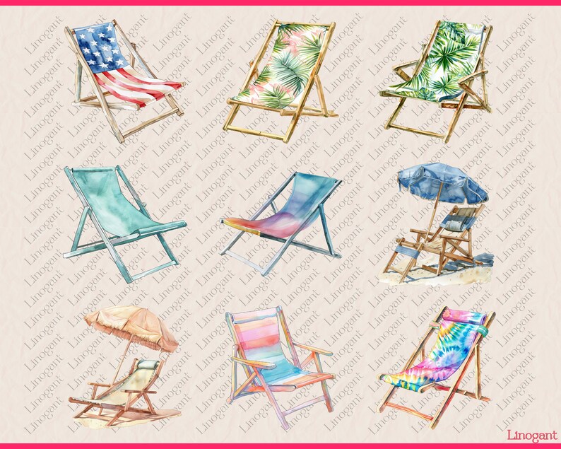 Watercolor Beach Chair Clipart Bundle, Sea Side Sunbed Clip Art Set ...