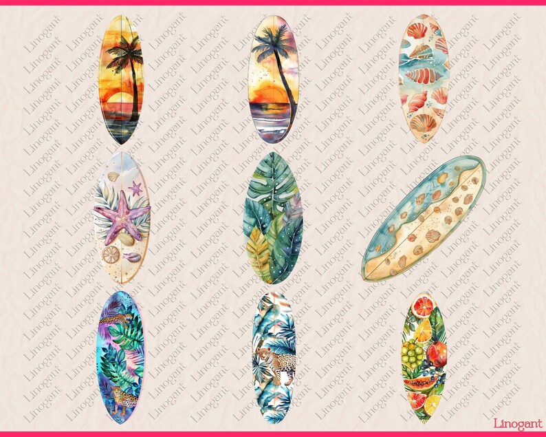 Watercolor Surfboard Clipart Bundle, Summer PNG Clip Art Set,surfing ...
