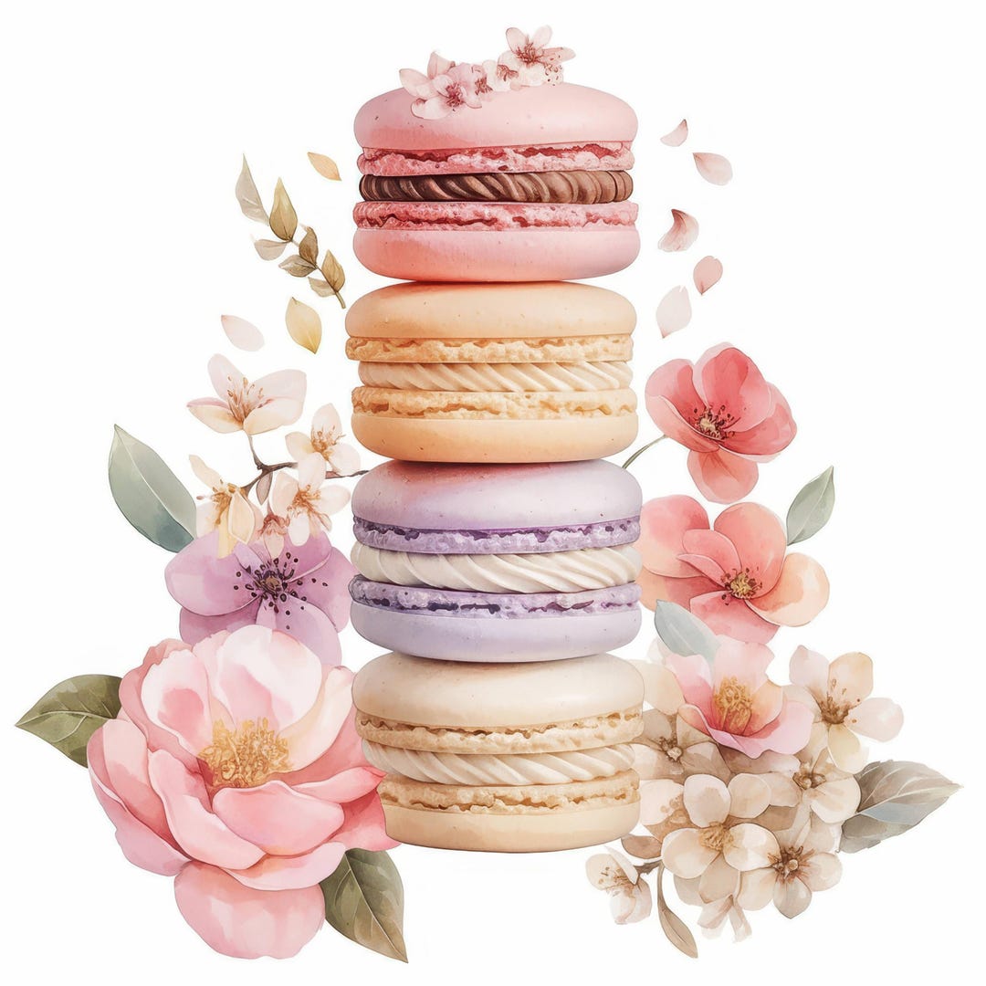 14 Floral Macarons Clipart Bundle, Elegant Dessert Illustration ...
