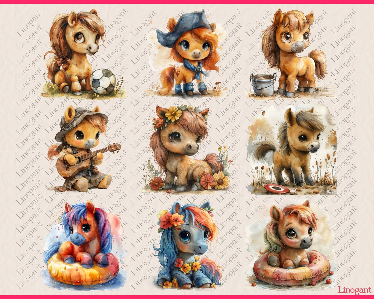 Watercolor Summer Pony Clipart Bundle, Ponies Clip Art Set, Baby Horse ...