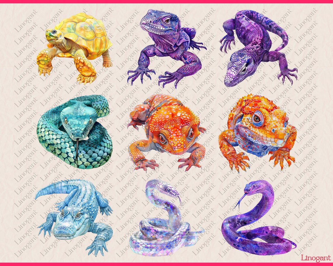 Watercolor Neon Reptile Clipart, Snake, Turtle, Crocodile, Lizard ...