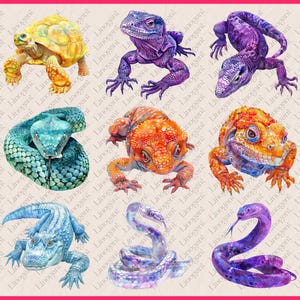 Watercolor Neon Reptile Clipart, Snake, Turtle, Crocodile, Lizard ...