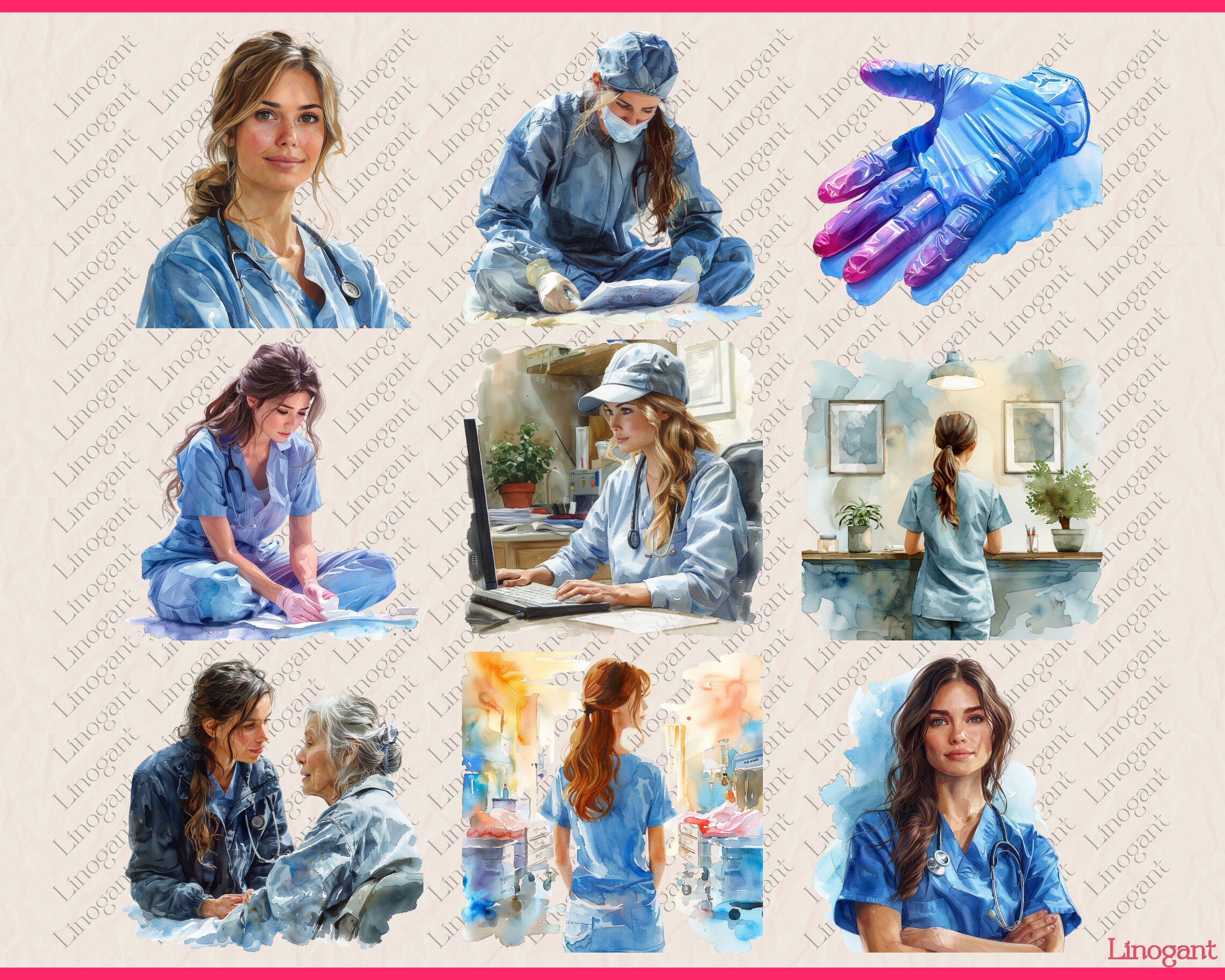 Watercolor Nurse Clipart Bundle, Medical Equipment Clip Art Set, Glove ...