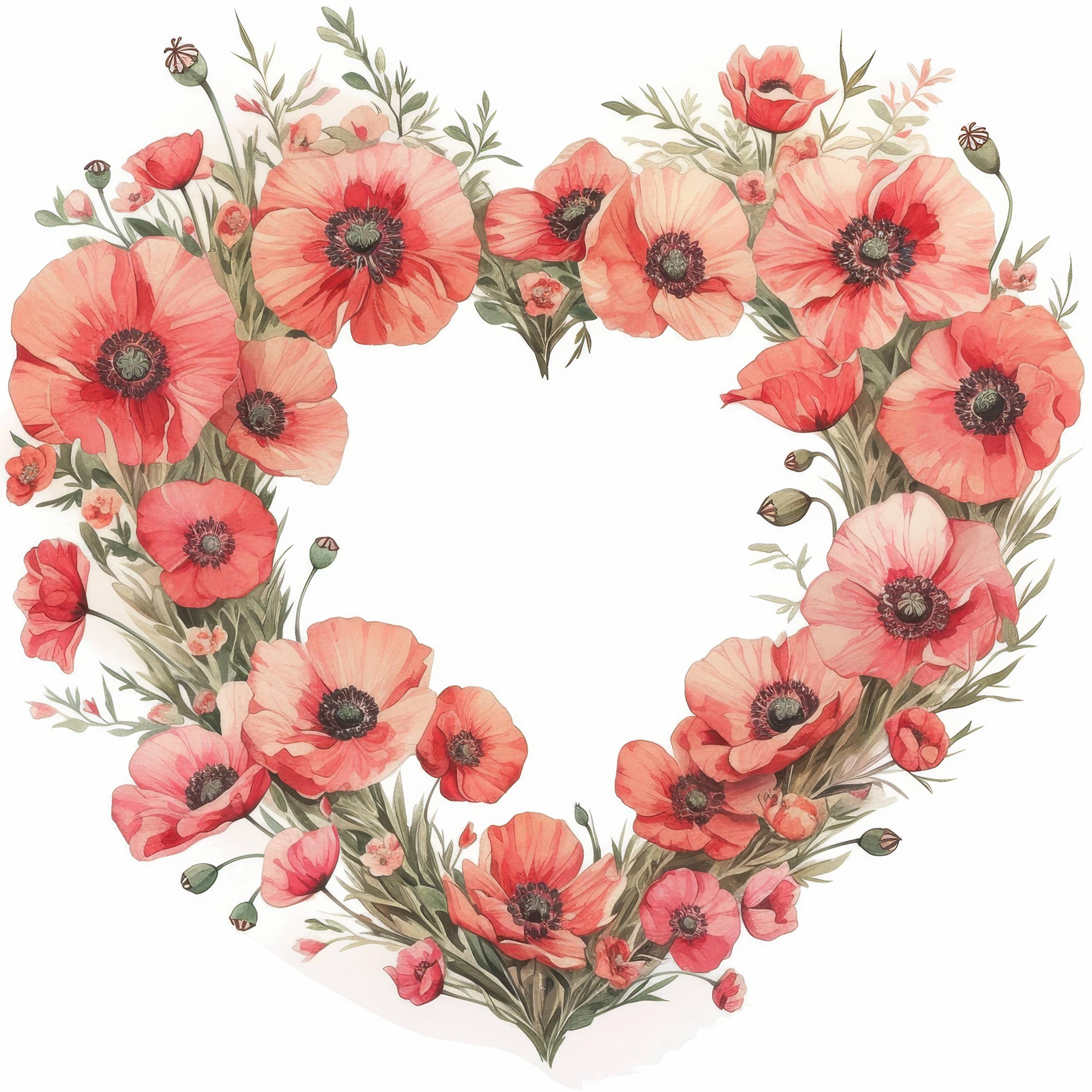 10 Red Poppy Flower Heart Arrangement Clipart, Romantic Botanical ...
