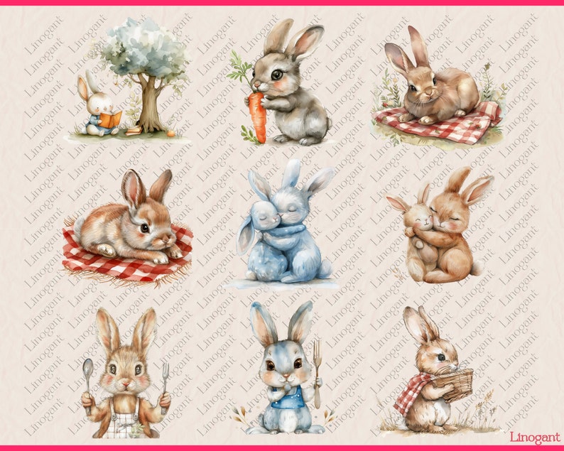 Watercolor Bunny Clipart Bundle, Bunnies at Picnic Clip Art Set ...