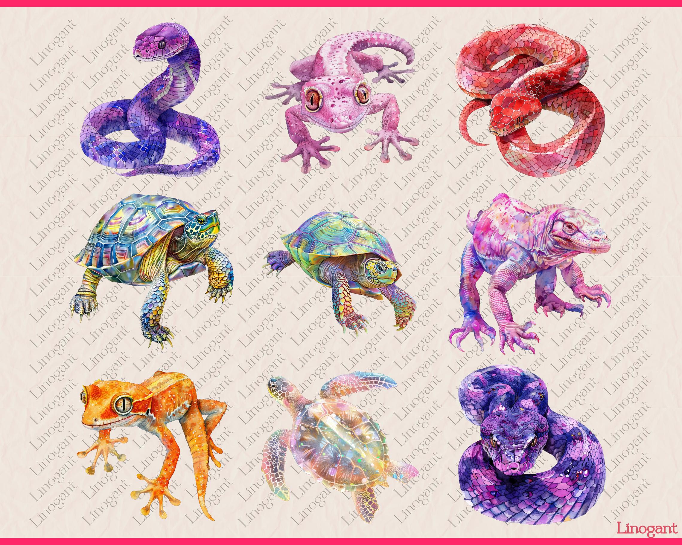 Watercolor Neon Reptile Clipart, Snake, Turtle, Crocodile, Lizard ...