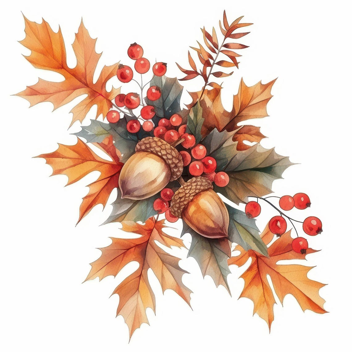 16 Autumn Leaves With Acorns and Pinecones Clipart Illustration ...
