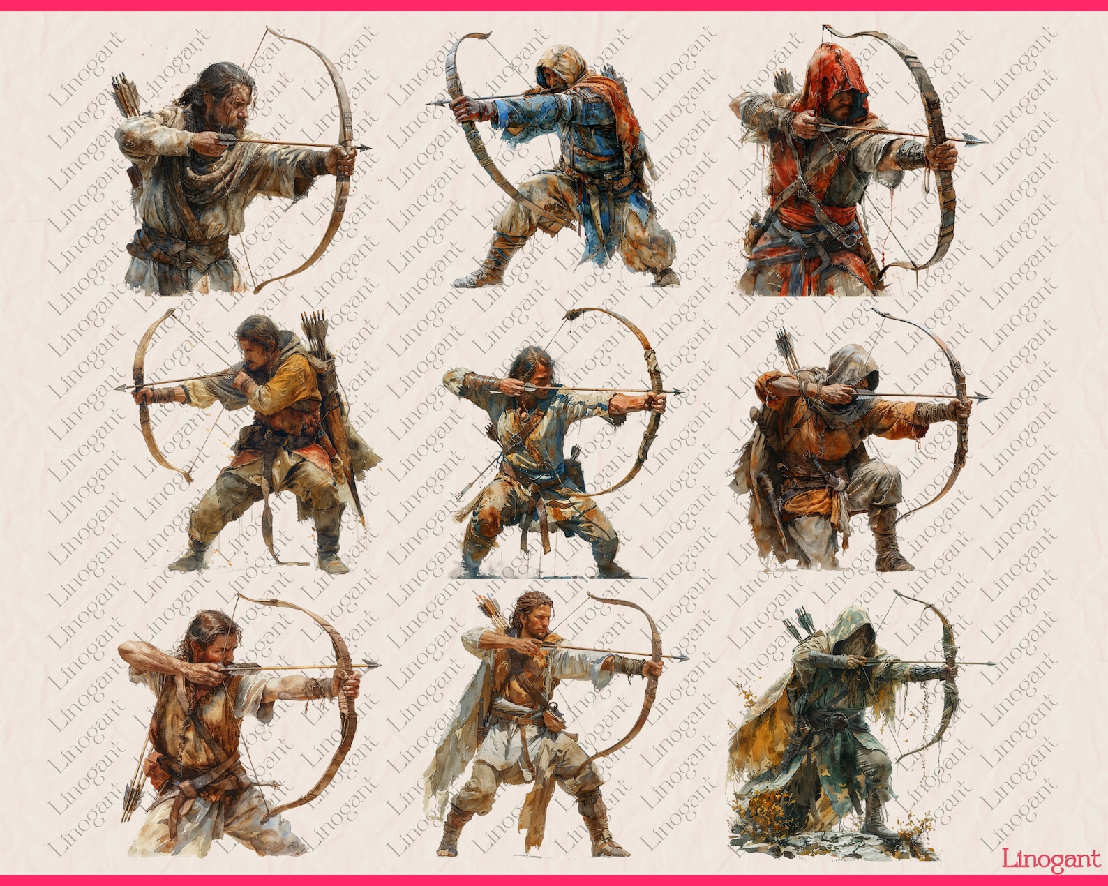 Watercolor Medieval Archer Clipart Bundle, Historical Bowman Clip Art ...