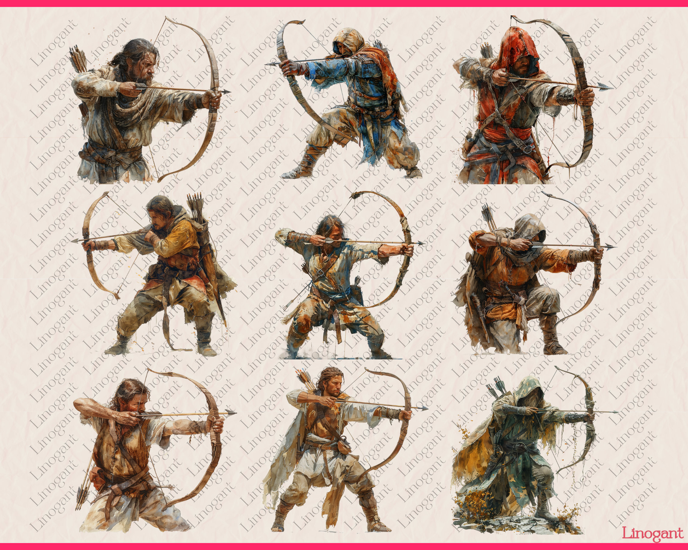 Watercolor Medieval Archer Clipart Bundle, Historical Bowman Clip Art ...