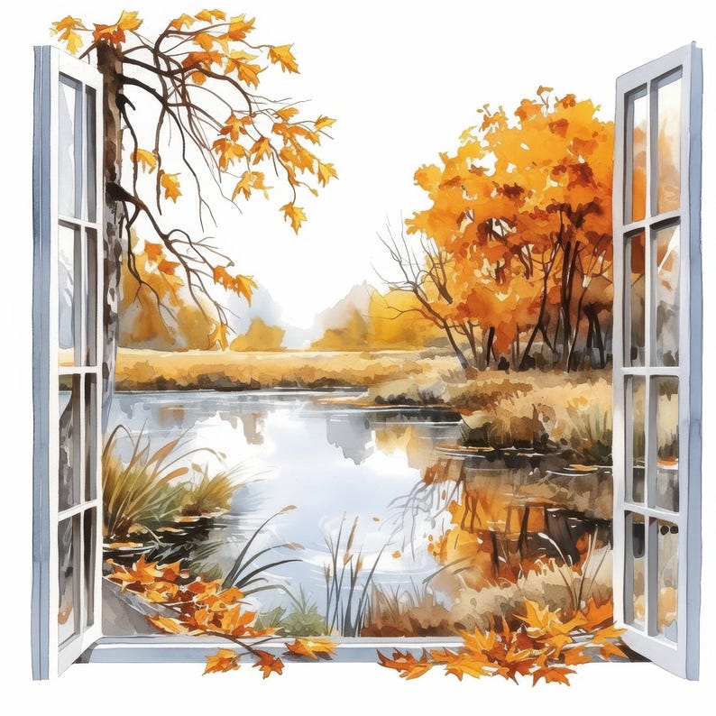 18 Window Autumn View Clipart Bundle, Cozy Fall Scenery Illustration ...