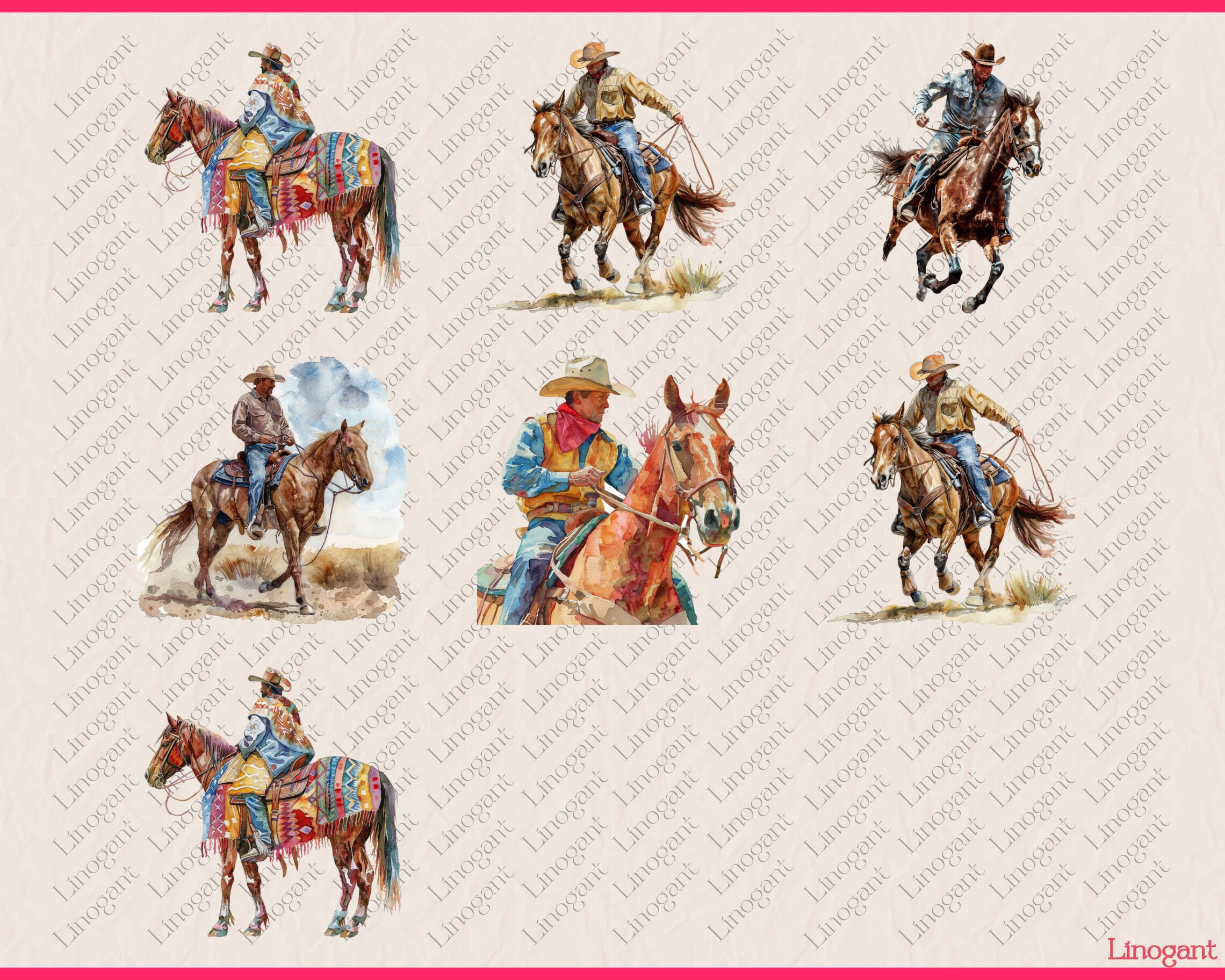 Watercolor Western Cowboy on Horse Clipart Bundle, Riding Horse Clip ...