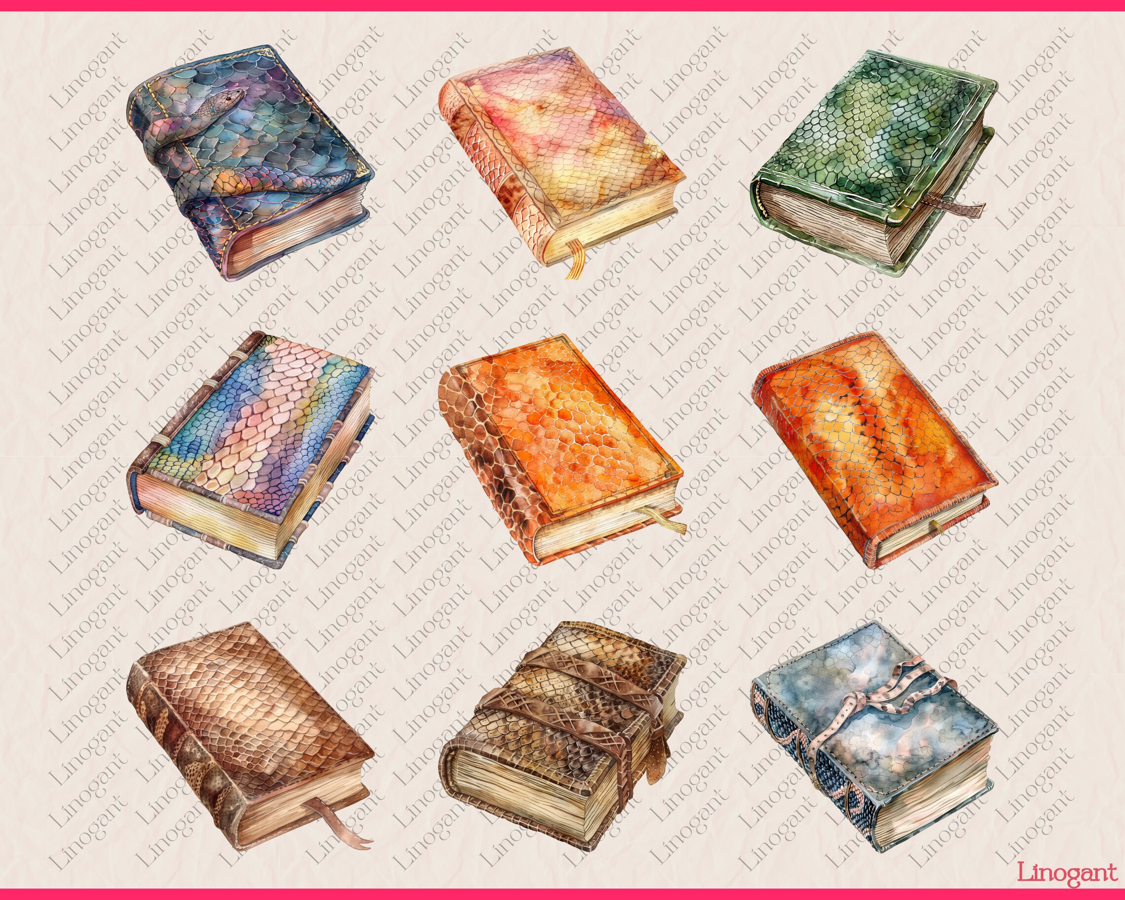 Watercolor Snakeskin Book Clipart Bundle, Grimoires Clip Art Set ...