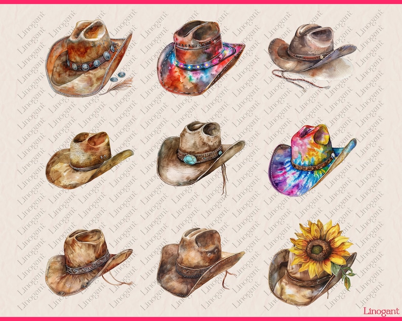 Watercolor Western Cowboy Hat Clipart Bundle, Cowgirl Hat Clip Art Set ...