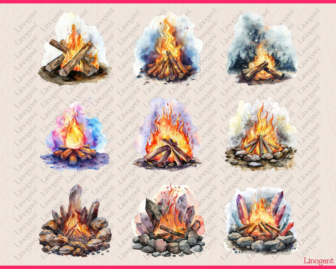 Watercolor Campfire Clipart Bundle, Camp Gear Clip Art Set, Camp Fire ...