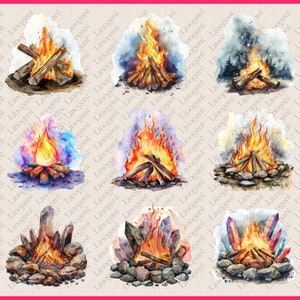 Watercolor Campfire Clipart Bundle, Camp Gear Clip Art Set, Camp Fire ...