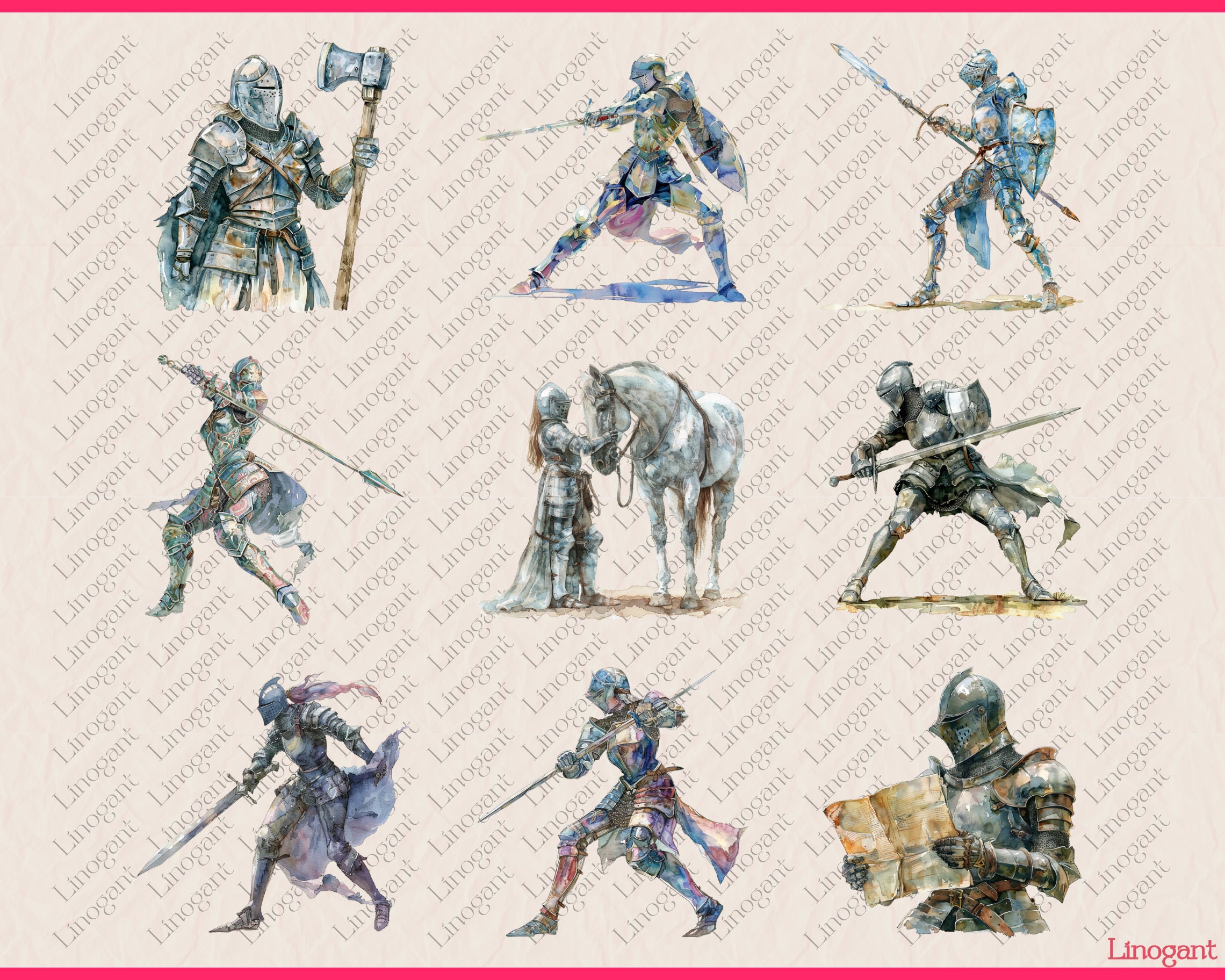 Watercolor Armored Female Knight Clipart Bundle, Fantasy Warrior Clip ...