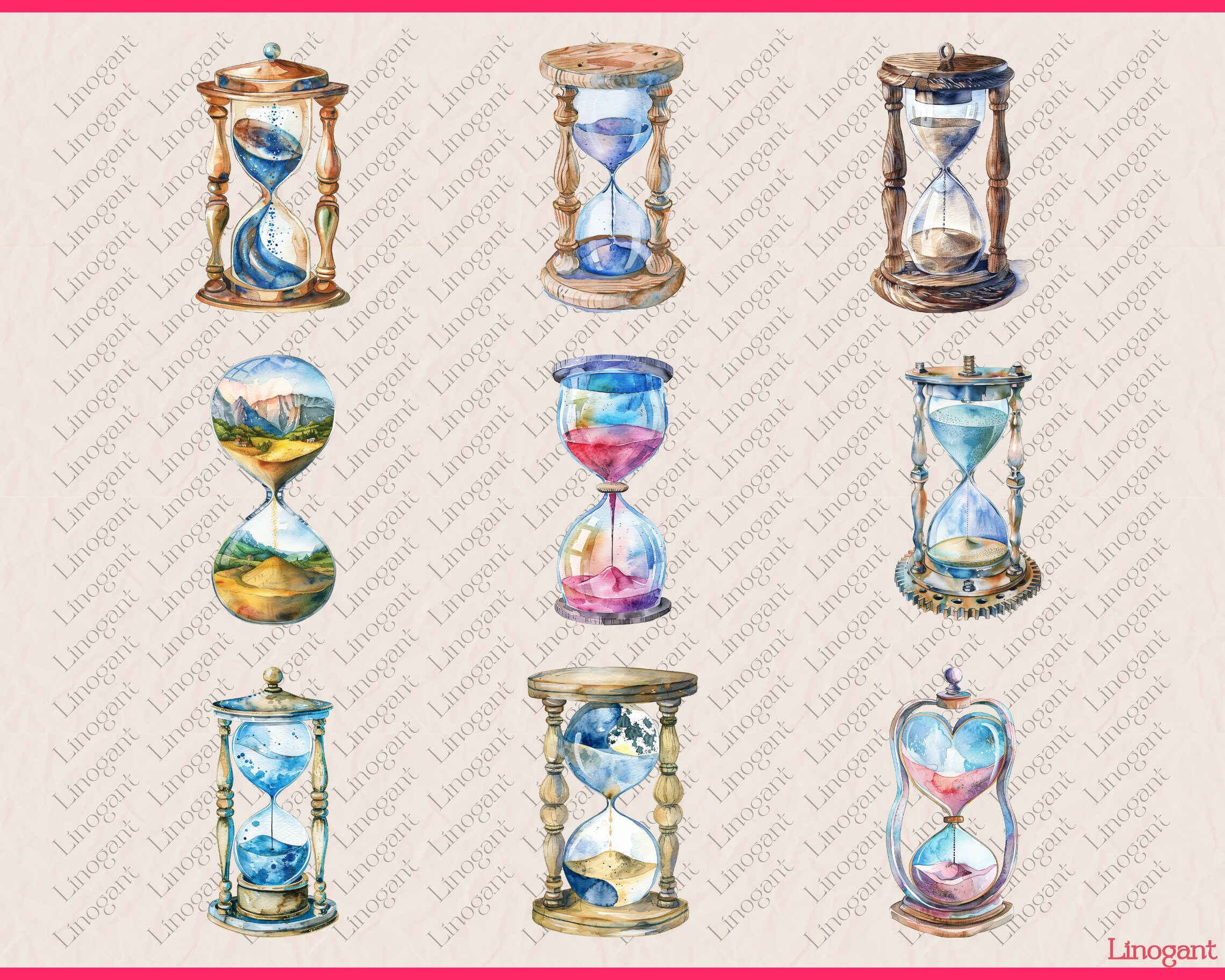 Watercolor Hourglass Sand Timer Clipart Bundle, Magical Fantasy Wooden ...